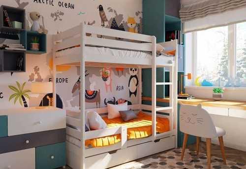 Кровать двухъярусная для двоих детей из массива