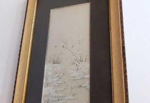 Старинная Картина Акварель Зима 1905 год Автор