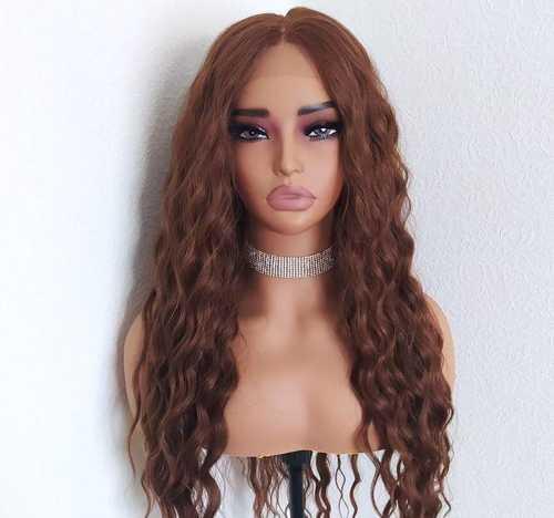 Парик медно-коричневый на сетке lace front кудри
