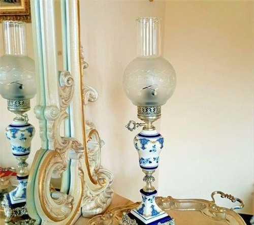 Большая антикварная настольная лампа фарфор Италия