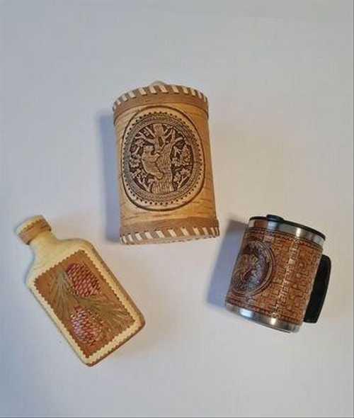 Сувениры из бересты термокружка, бутылка и баночка