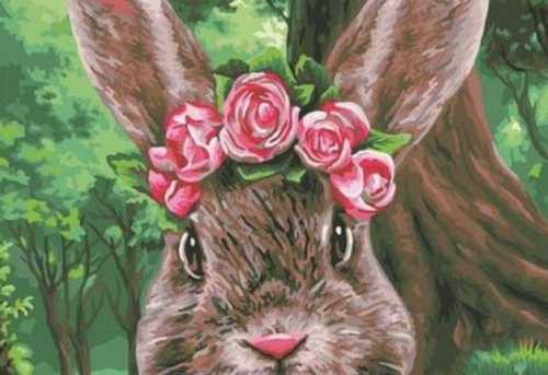 Алмазная мозаика 40x50 Серый кролик в цветочном ве
