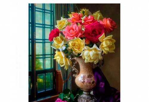 Алмазная мозаика Домашние розы в вазе у окна 30*40