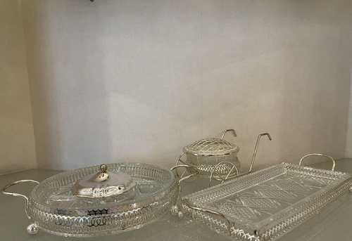 Посуда для сервировки стекло/металл на подставке