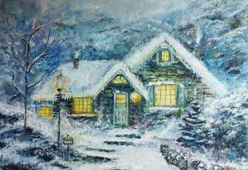 Картины маслом "Зимний домик"
