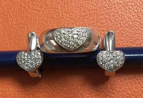 Сердце серебро с фианитами серьги + кольцо 16,5