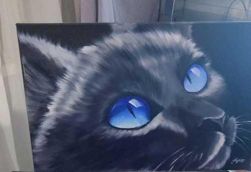 Картина маслом "чёрный кот с голубыми глазами"
