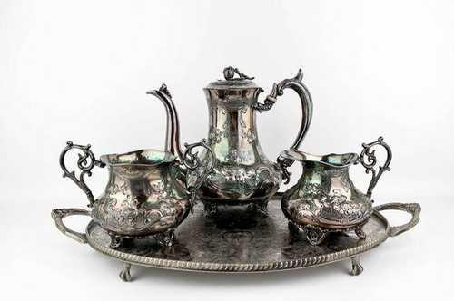 Чайное трио с подносом, Англия, серебрение,1830 гг
