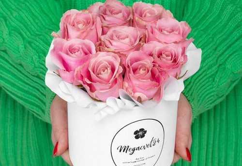 Букет Премиум "9 Розовых Роз" в шляпной коробке