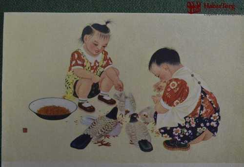 Открытка старинная "Дети кормят птиц". Китай, 1955