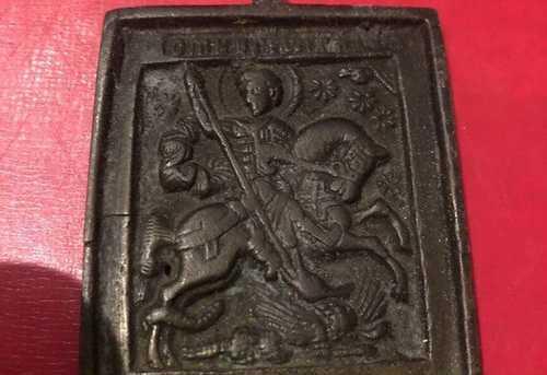 Старинная латунная икона Георгий Победоносец