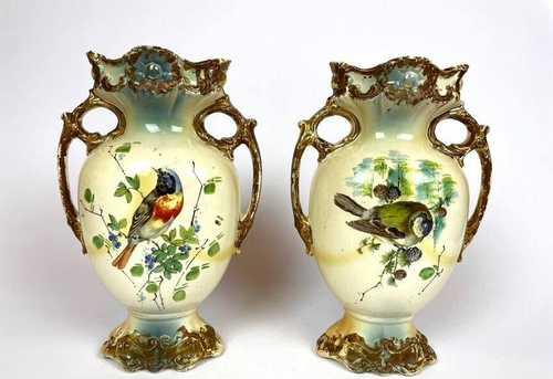 Антикварные парные вазы, старинная майолика Англия