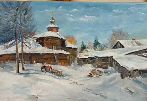 Картина маслом зима в деревне 21x30 см