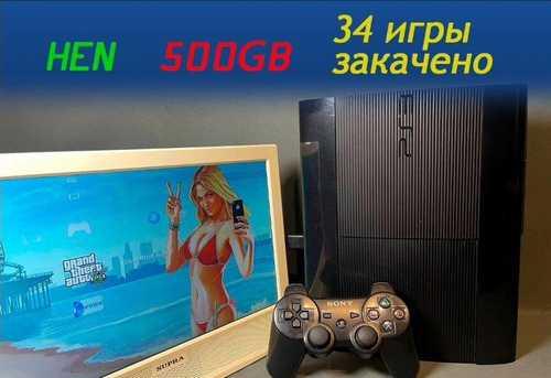 Sony PS3 Super Slim 500gb прошитая + 34 игры