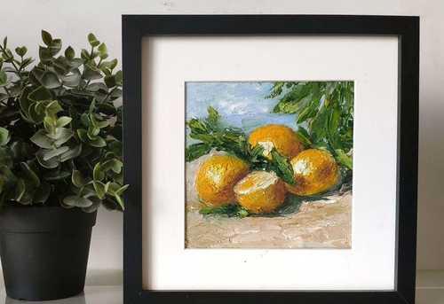 Лимоны, картина маслом 15х15 на дсп в рамке