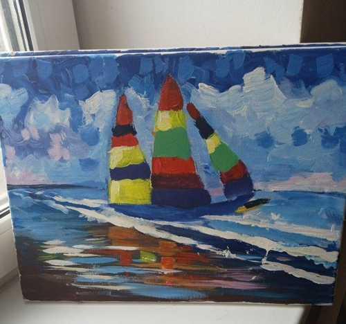 2 картины "Яхта в море" (работа новичка), 40х30 см