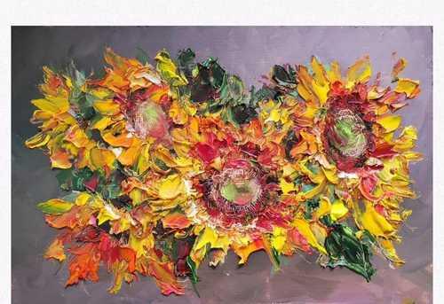 Картина маслом с цветами "Подсолнухи панно"