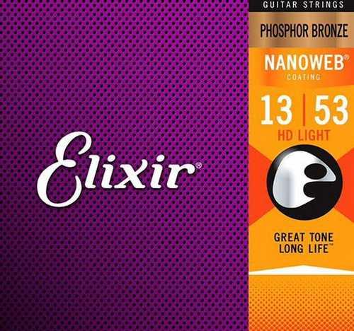 16182 nanoweb Комплект струн для акустической гитары, HD Light, фосф.бронза, 13-53, Elixir