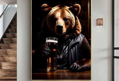 Оригинальная картина маслом медведь и пиво Примерк