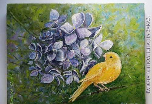 Картина маслом: цветы и птицы