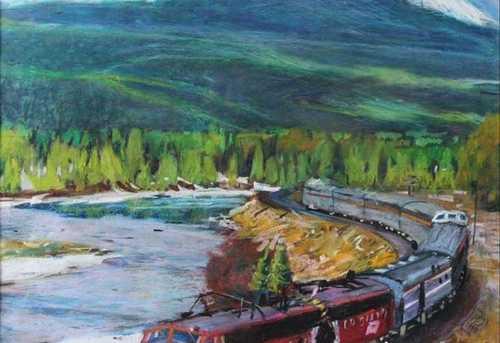Пейзаж картина поезд железная дорога горы Канада