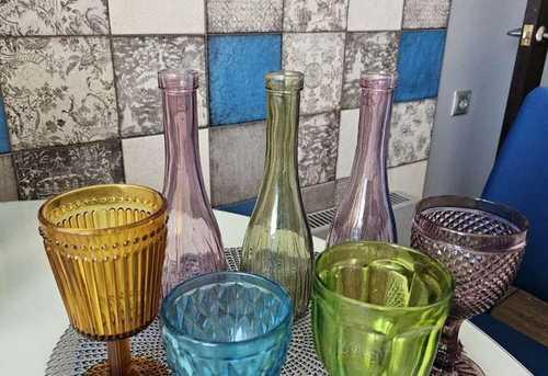 Бокалы и вазы из цветного стекла, цена за все