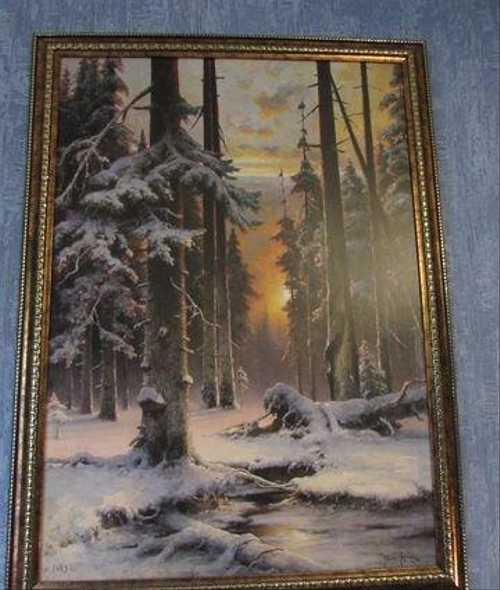 Картина Ю. Клевер. Зимний закат в еловом лесу