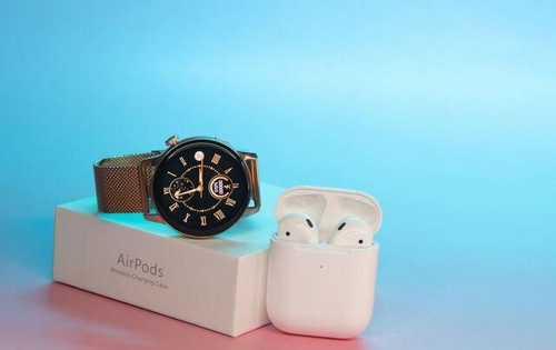 Набор Airpods 2 + Женские Смарт Часы Золотые