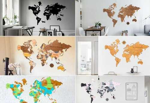 Деревянная карта мира из дерева разные цвета