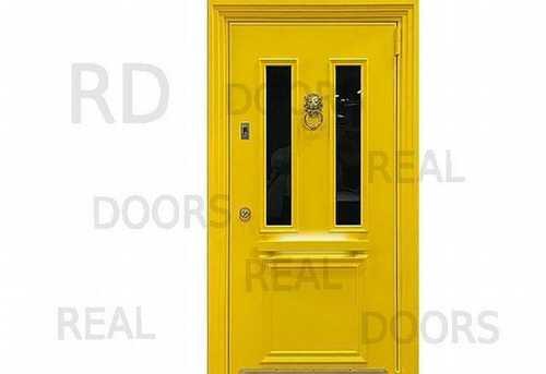 Желтая входная термо дверь с окнами для улицы