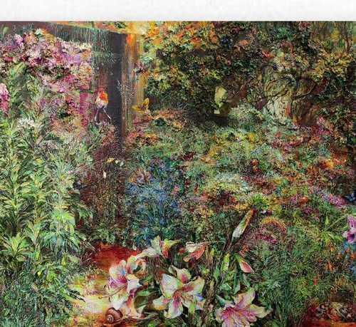 Картина маслом с цветами и животным "Цветущий сад"