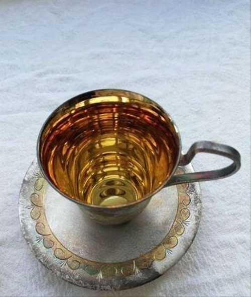 Чашка с блюдцем мельхиоровая с позолотой из СССР