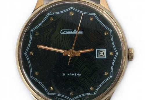 Часы Слава 2414 СССР Au зеленый циферблат 1980е
