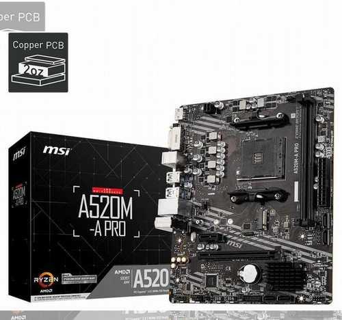 Материнская плата MSI A520M-A PRO Soc-AM4 AMD A520 2xDDR4 mATX AC97 8ch(7.1) gblan raid DVI hdmi