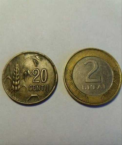 Монеты Литва 20 центов 1925г., 2 лита 1999г