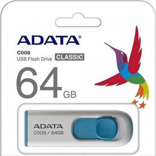Флешка 64Gb USB 2.0, adata C008, белый/синий