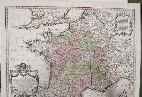 Старинная карта Франции 1734 год антиквар