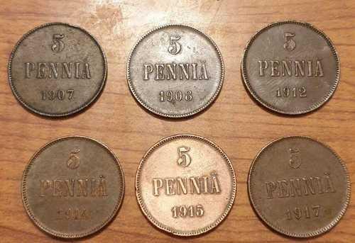 Старые финские монеты в составе России, по годам