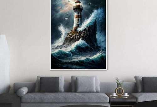 Картина маслом Маяк и бушующее море