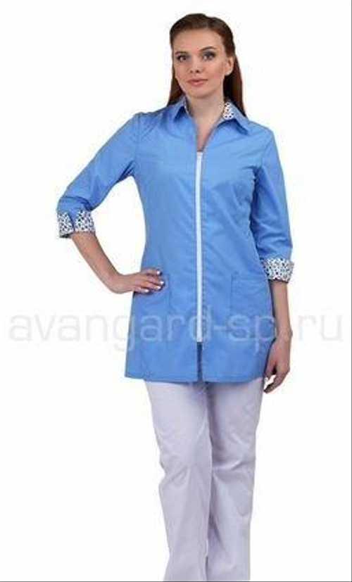 Блуза женская далия(голубой+цветная отделка) (р.56