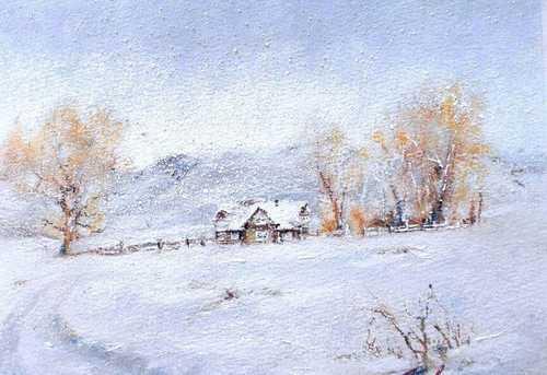 Картина пастель зимний пейзаж зима в деревне