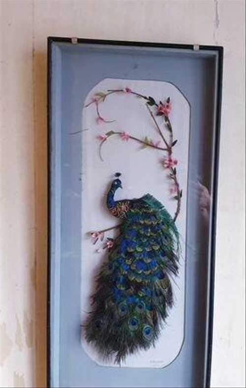 Декоративное панно из натуральных перьев павлина