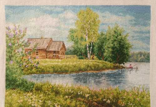 Картина "Домик у озера" вышитая крестом
