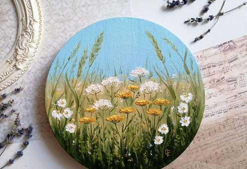Картина маслом луговые цветы на круглом холсте