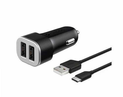 Азу 2 USB, 2.4А + дата-кабель Type-C, 2А, черный