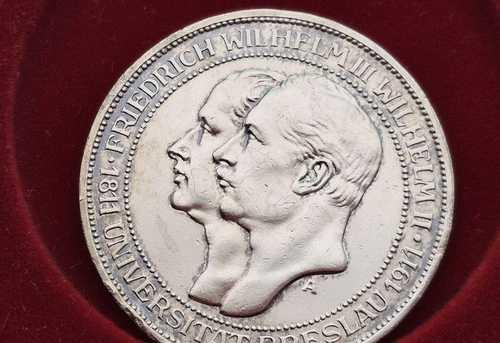 3 марки 1911г.A. Университет Бреслау Пруссия Ag