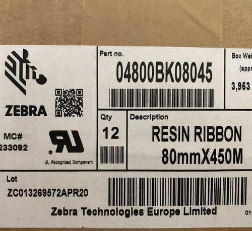 Риббон resin Zebra 4800 80/450 (04800BK08045)