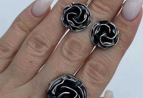 Серьги кулон серебро розы чернение красота