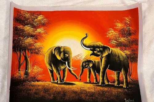 Холст картины со слонами из Таиланда