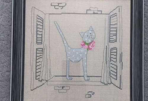 Картина вышитая крестом, ручная работа, кошка